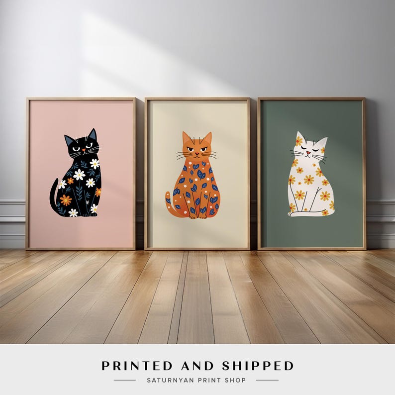 Boho Floral Cat Art Prints, Cute Cat Triptych, Playful Feline Wall Art ...