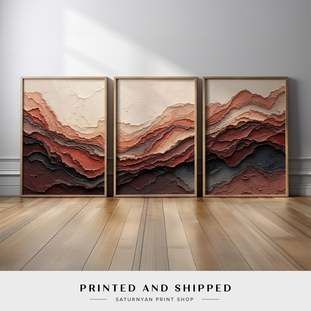 Rustic Terracotta Texture Triptych Wall Art | Layered Clay and Beige ...
