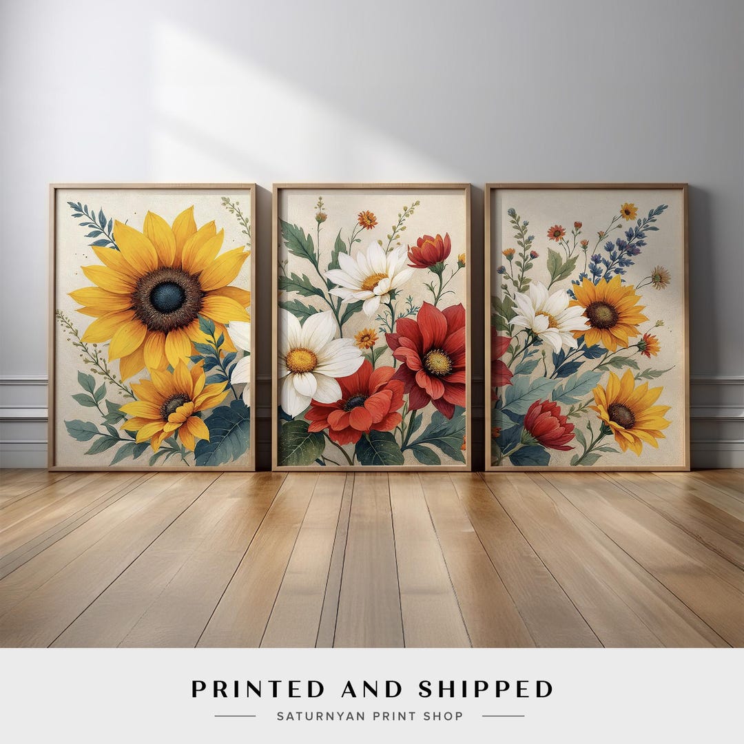 Sunflower Wall Art Set, Floral Botanical Triptych, Boho Cottagecore Decor, Rustic Daisy and ...