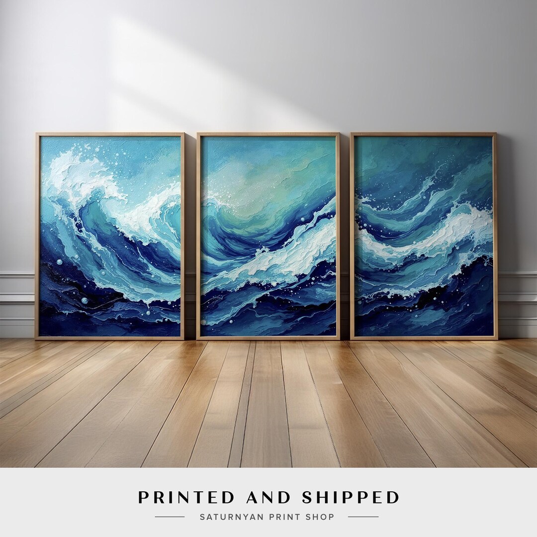 Ocean Energy Wave Painting | Deep Blue & White Crashing Wave Triptych ...