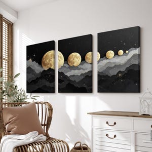 Modern Moon Phase Wall Art | Set of 3 Celestial Canvas Prints in Black ...