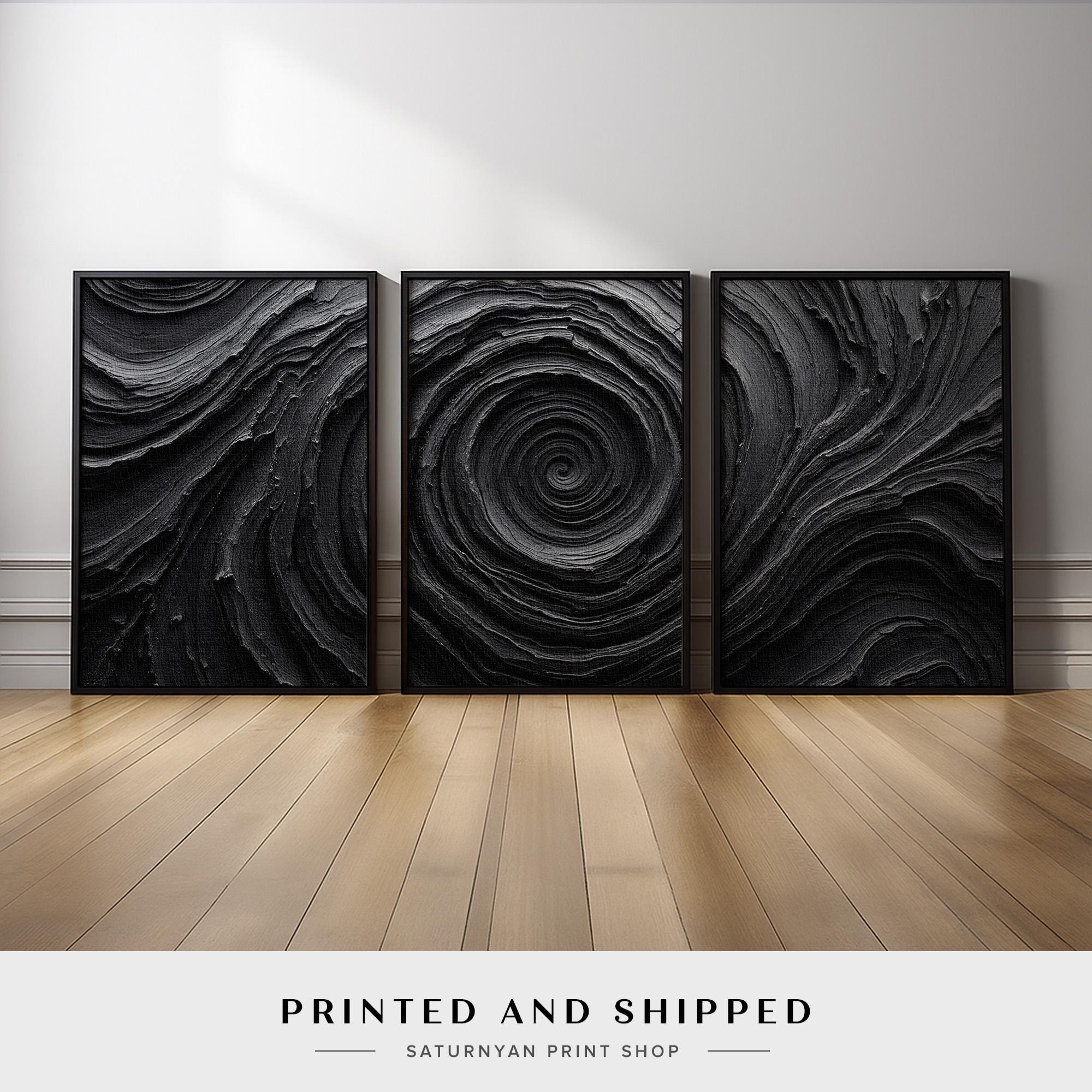 Abstract Monochrome Triptych Wall Art | Black Swirl Canvas Prints With ...