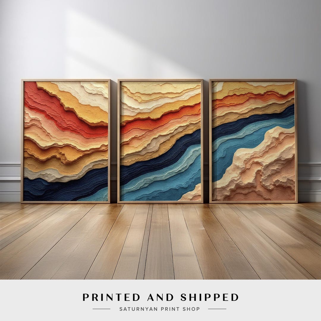 Colorful Strata Abstract Landscape Wall Art Set of 3 | Earth Tone ...