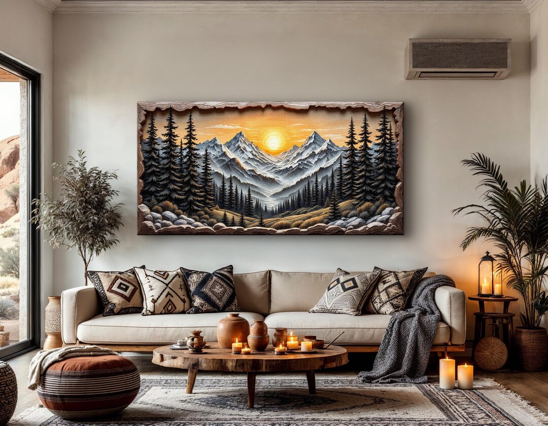 Rustic Mountain Wall Art - Carved Wood Frame Landscape Design With ...