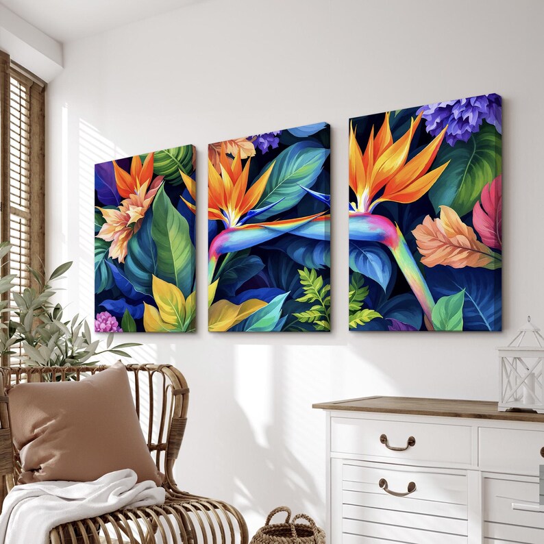 Bird of Paradise Tropical Triptych Wall Art Set | Vibrant Jungle Flower ...