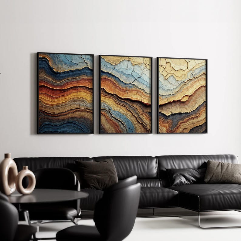 Colorful Earth Layer Wall Art Set of 3 | Blue, Terracotta & Beige ...