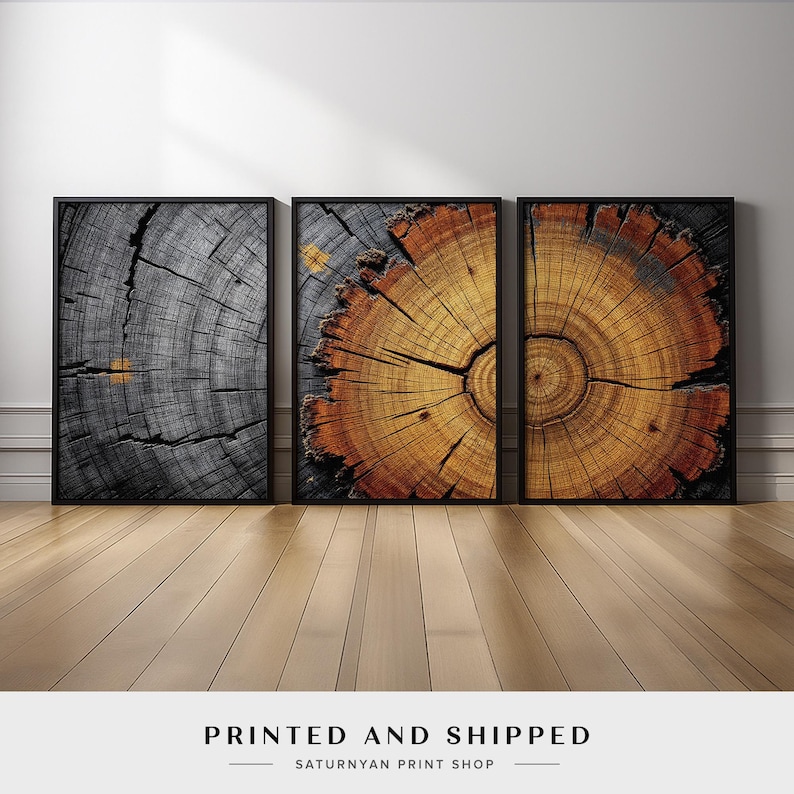 Rustic Tree Trunk Wall Art Triptych | Golden and Charcoal Wood Grain ...