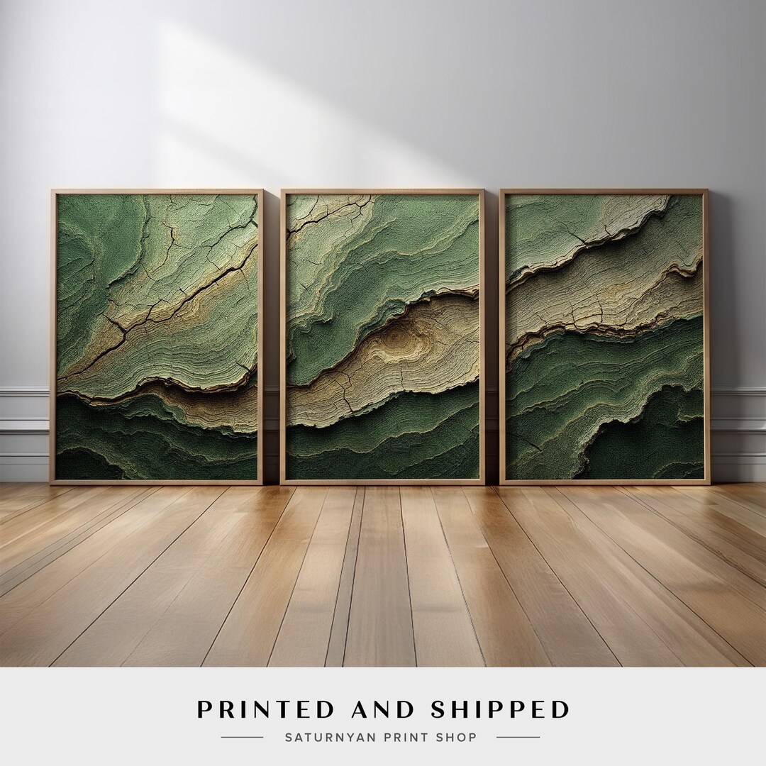 Green Geological Wall Art Set of 3 | Layered Earth Abstract Triptych ...