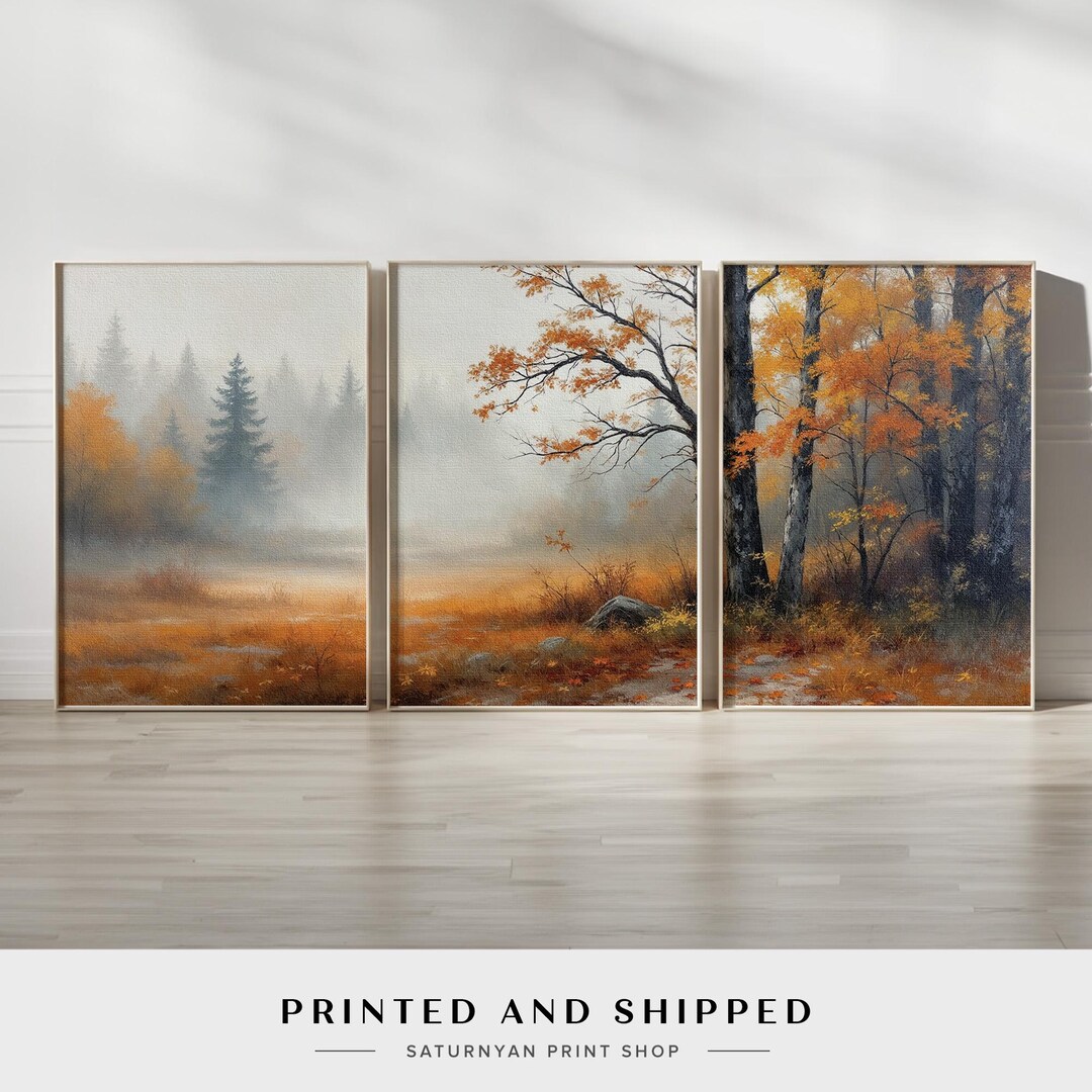 Autumn Forest Wall Art Set of 3 | Foggy Woodland Landscape Canvas ...