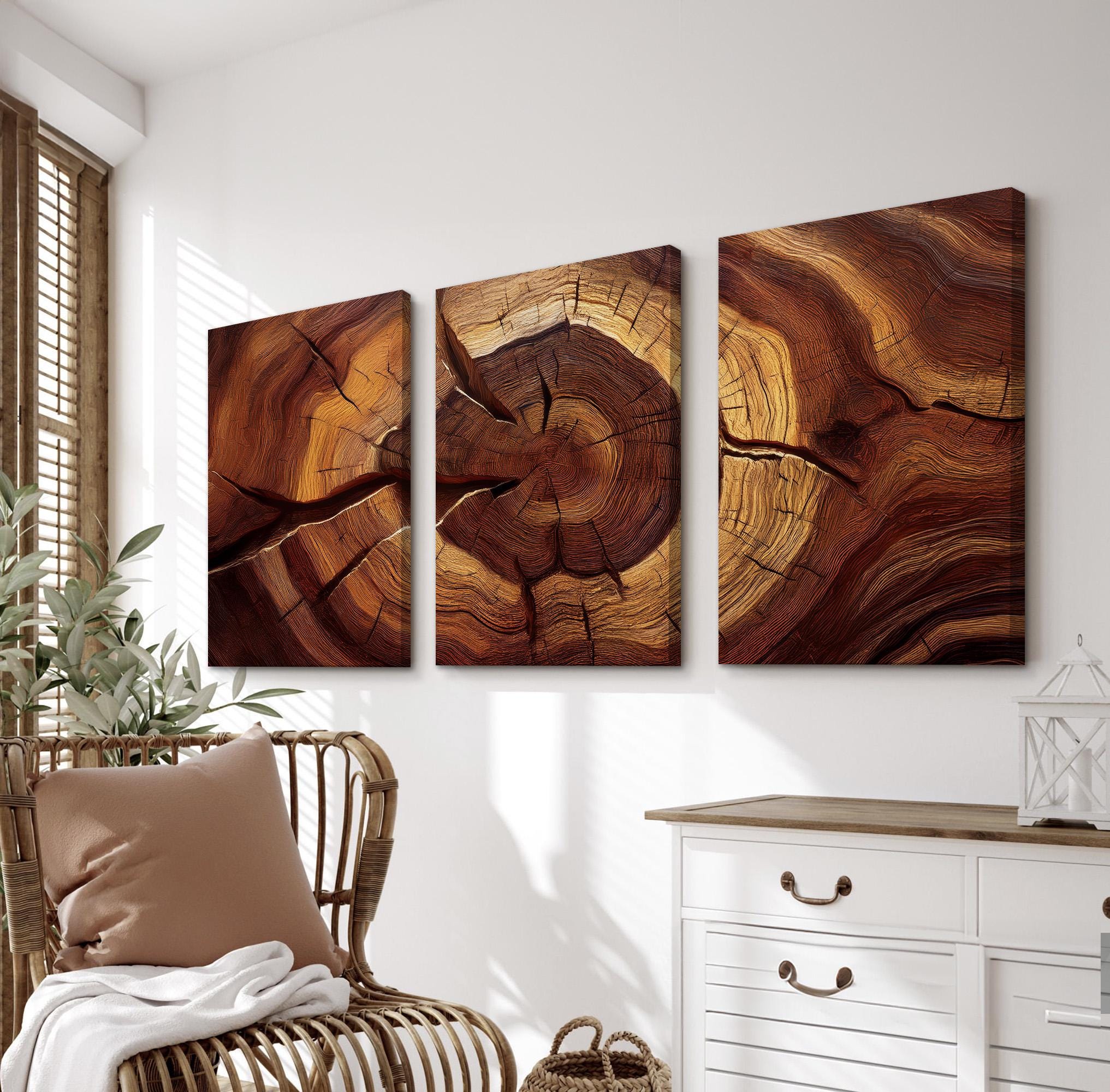 Natural Wood Triptych Decor, Rustic Tree Rings Wall Art, Large Earthy ...
