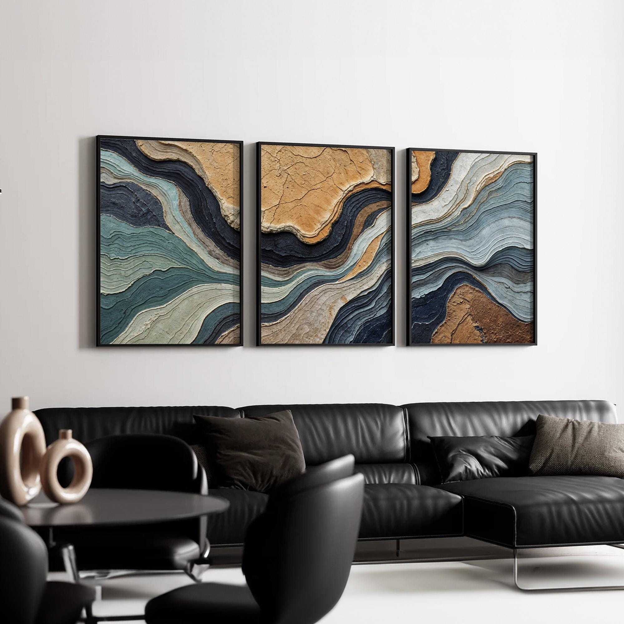 Geological Abstract Wall Art Triptych | Stone Inspired Wave Patterns ...
