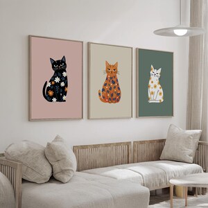 Boho Floral Cat Art Prints, Cute Cat Triptych, Playful Feline Wall Art ...