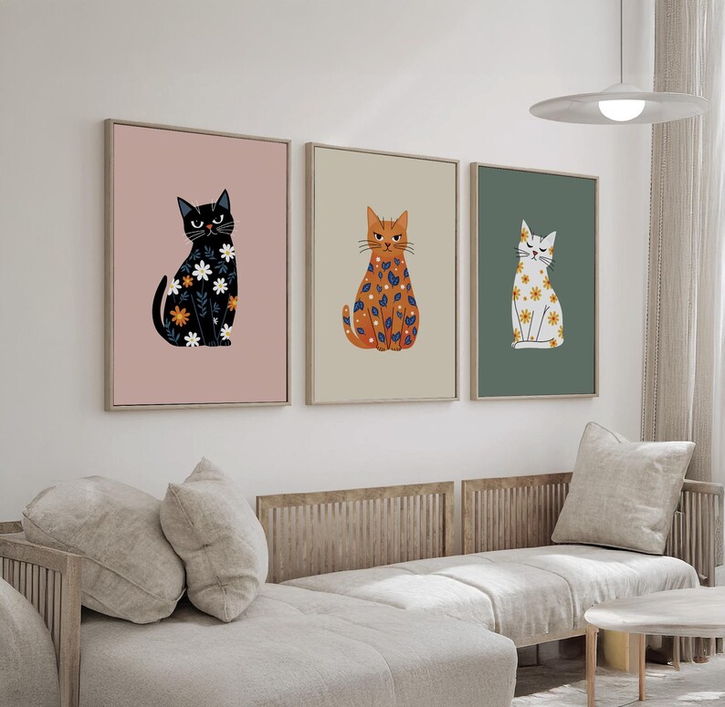 Boho Floral Cat Art Prints, Cute Cat Triptych, Playful Feline Wall Art ...