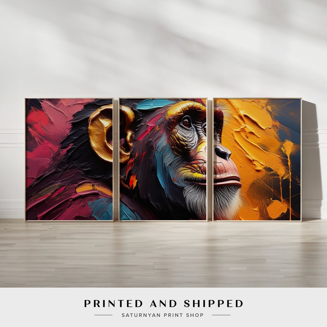 Set of 3 Colorful Monkey Paintings Vibrant Wildlife Wall Art, Perfect ...