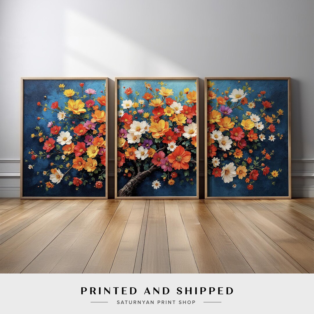 Colorful Floral Triptych Wall Art | Vibrant Red Orange Yellow White ...