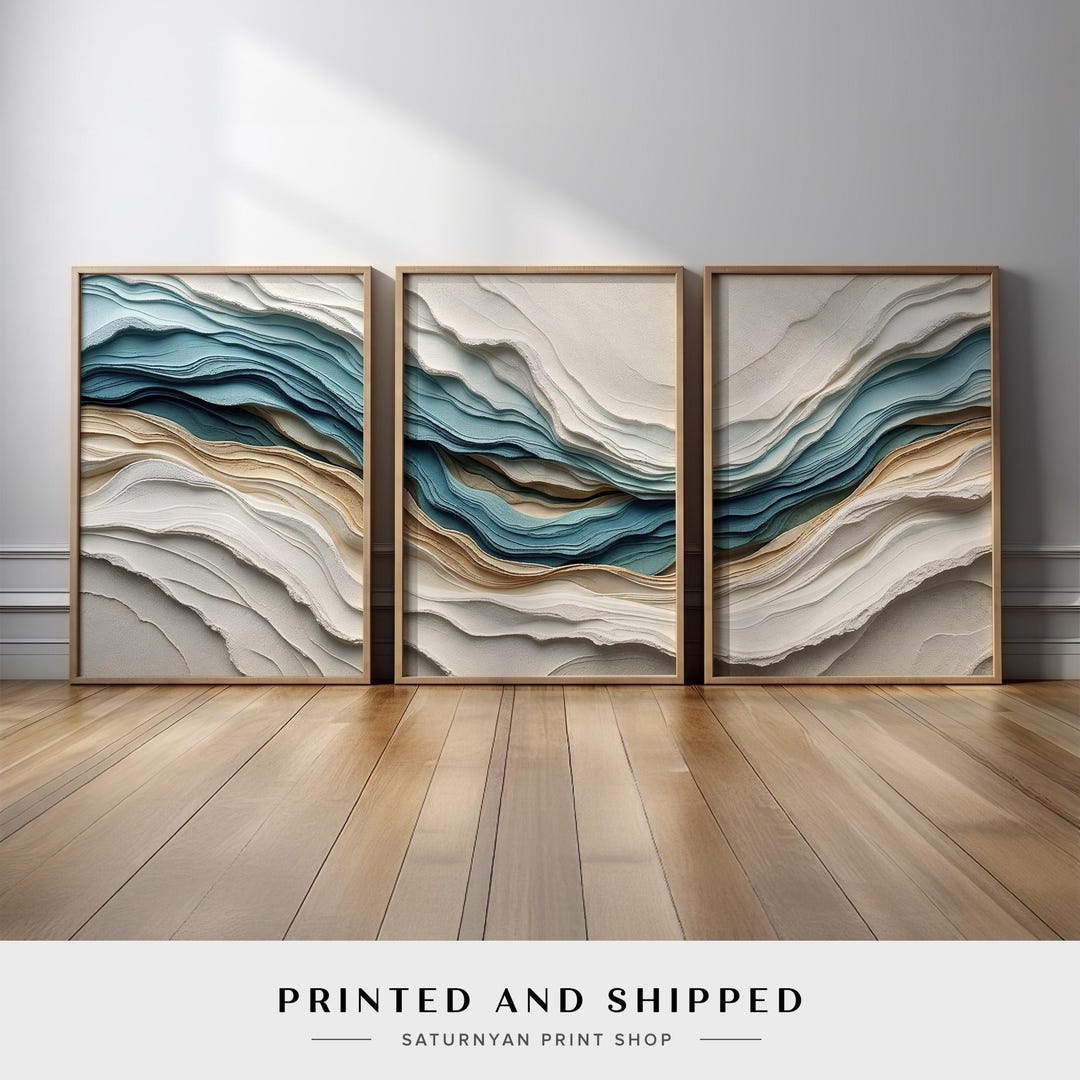 Coastal-inspired Wave Abstract Triptych Wall Art | Modern Soft Blue ...