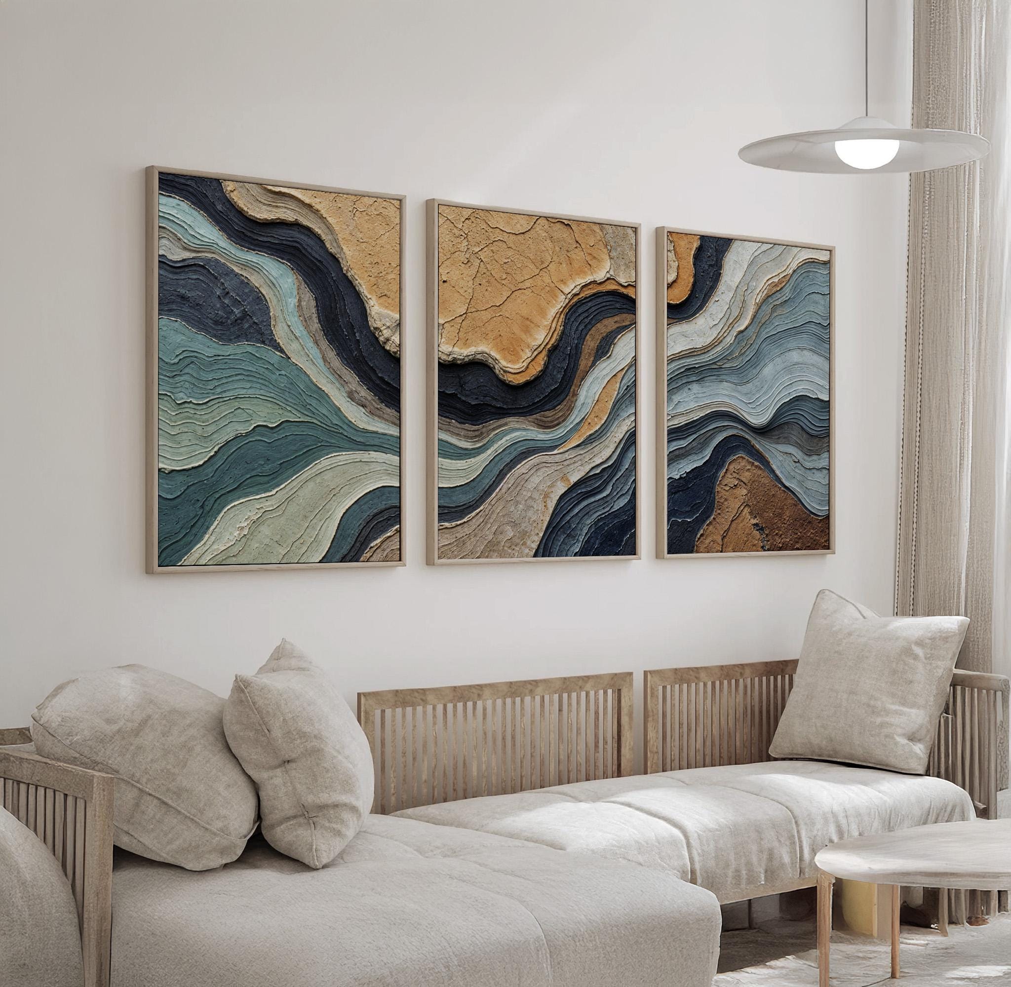 Geological Abstract Wall Art Triptych | Stone Inspired Wave Patterns ...
