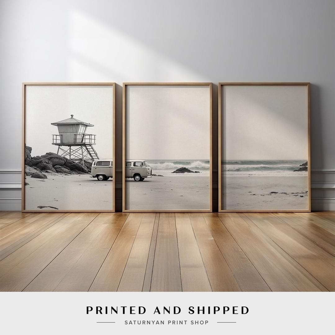 Coastal Beach Wall Art Set of 3 | Minimalist Vintage Van & Lifeguard ...