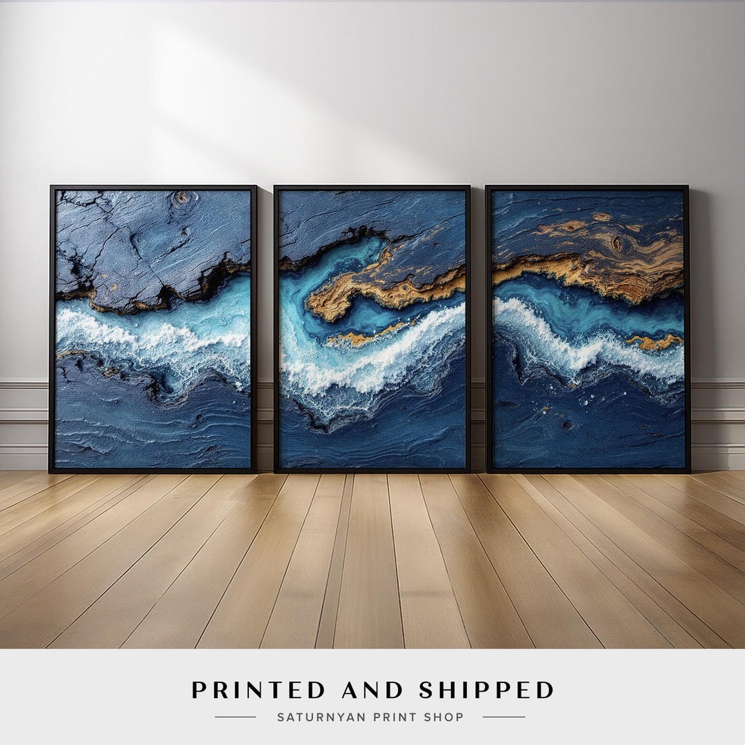Abstract Ocean Wall Art Triptych | Modern Seascape Blue Wave Canvas ...