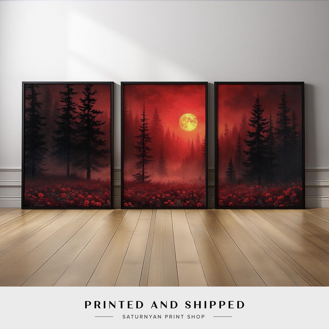 Red Moon Forest Wall Art Set of 3 | Dark Woodland Canvas Prints With ...