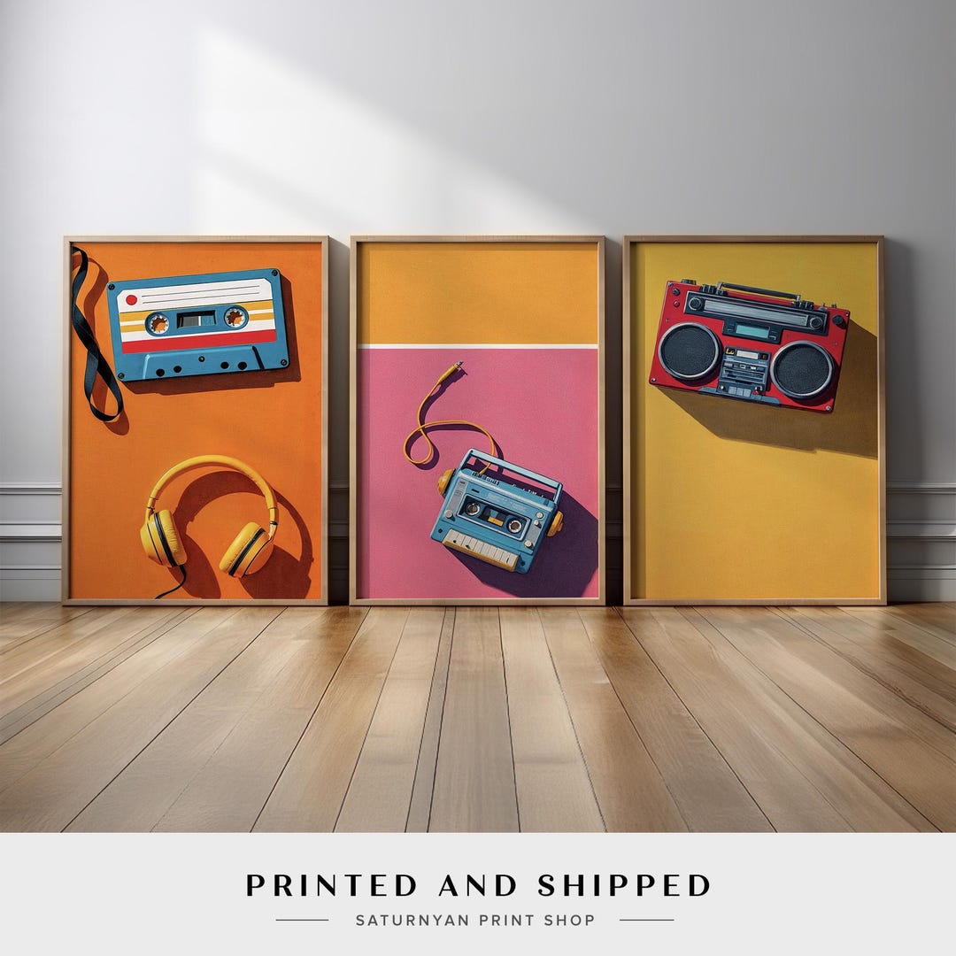 Retro Music Wall Art Set, Vintage Cassette Tape Prints, Boombox Poster ...