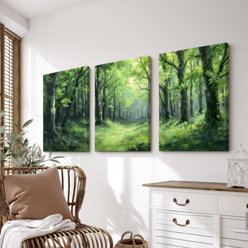 Forest Landscape Wall Art Triptych | Lush Green Trees and Sunlit ...