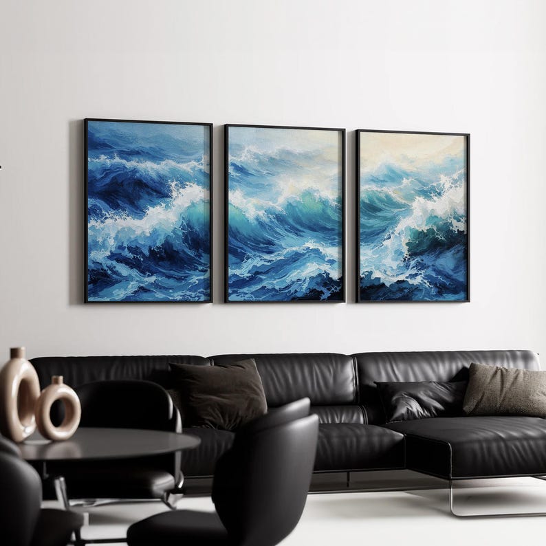 Abstract Ocean Wave Wall Art Set of 3 | Bold Blue Coastal Triptych ...