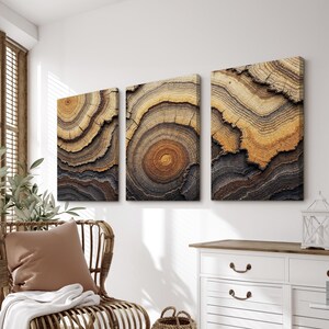 Abstract Wood Grain Triptych Wall Art | Set of 3 Tree Ring Painting With Beige Brown Earthy ...