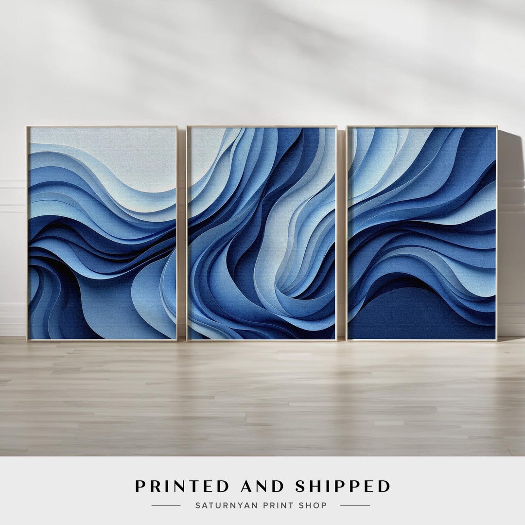 Abstract Blue Wave Wall Art Set of 3 | Modern Ocean Inspired Canvas ...