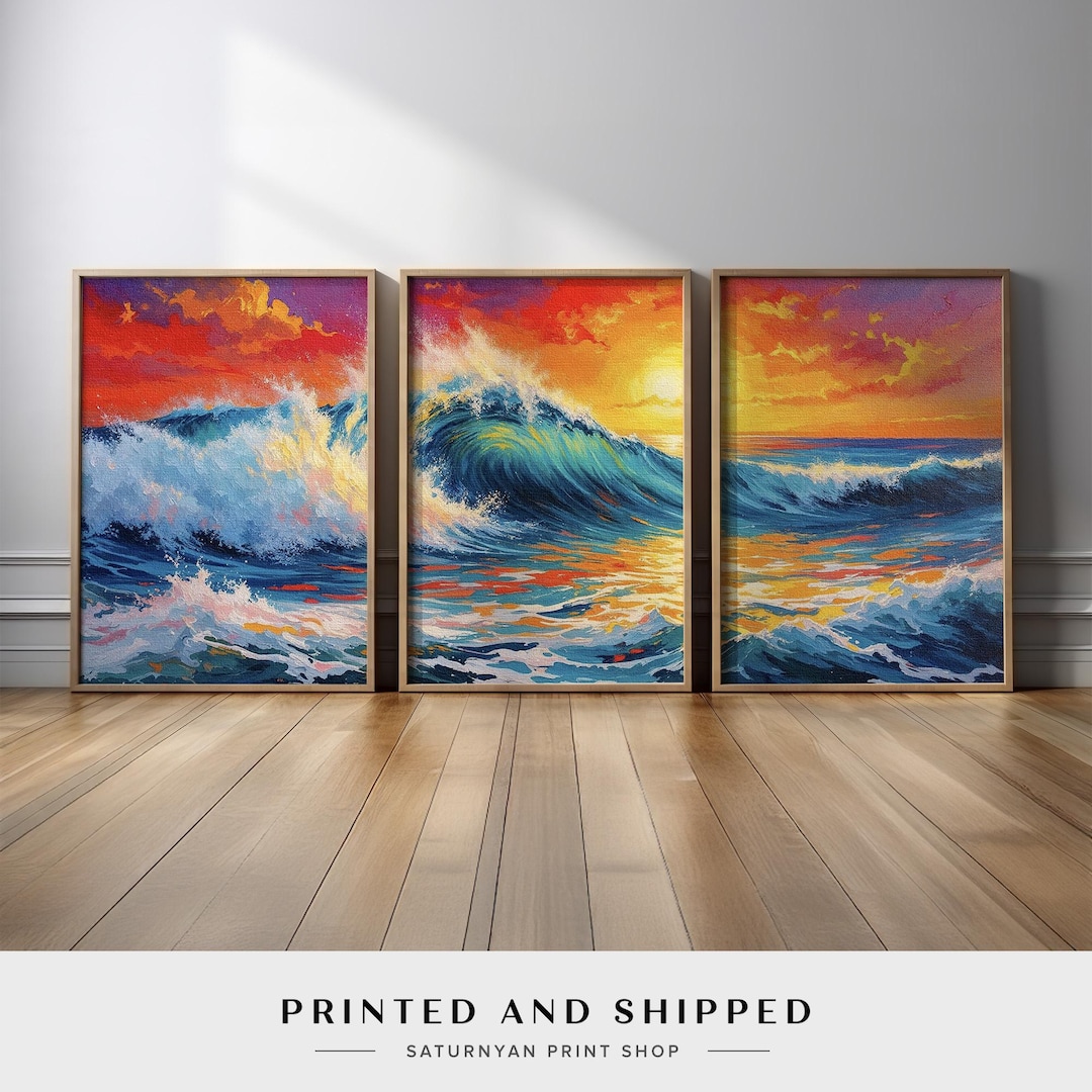 Ocean Wave Sunset Wall Art Set of 3 | Vibrant Seascape Triptych Canvas ...
