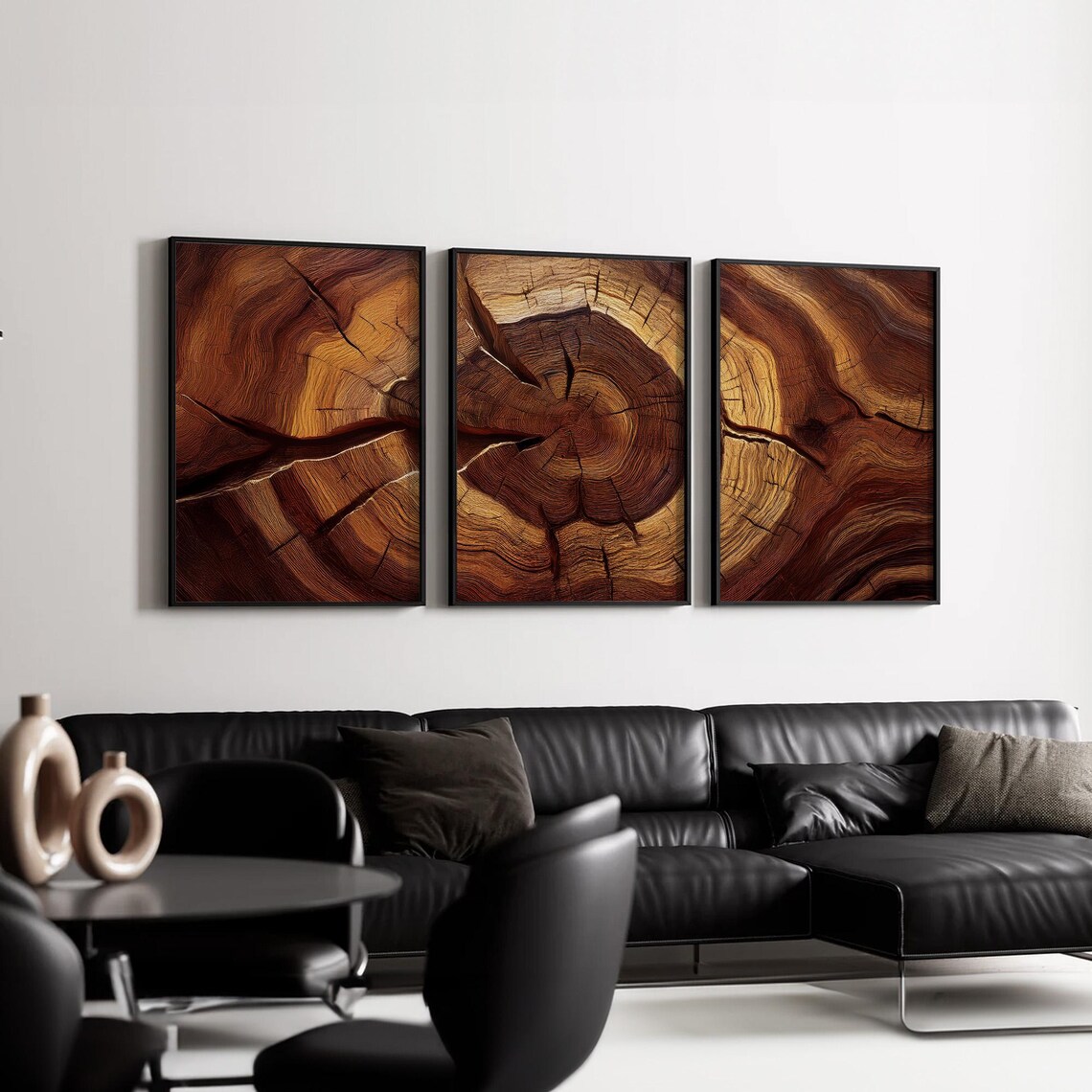 Natural Wood Triptych Decor, Rustic Tree Rings Wall Art, Large Earthy ...
