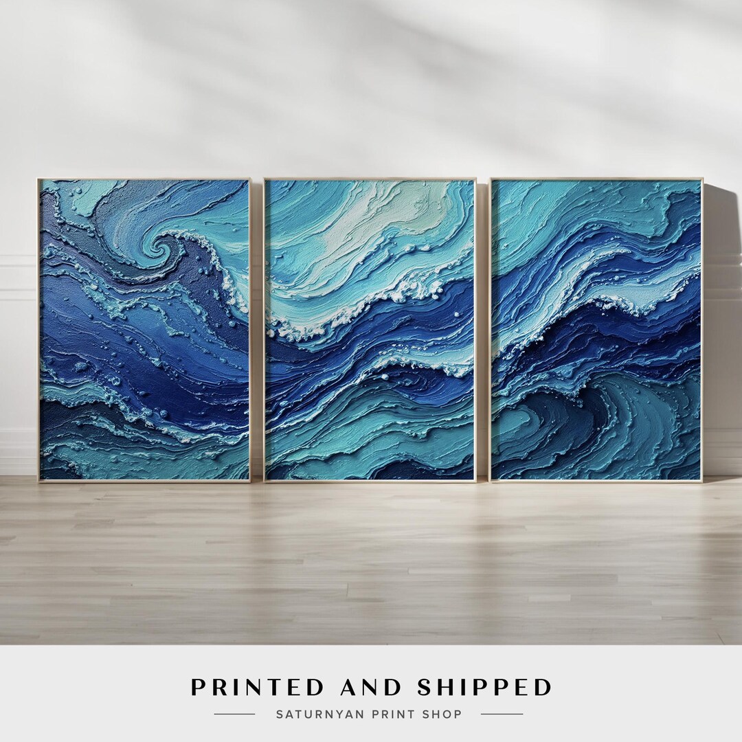 Ocean Wave Abstract Wall Art | Set of 3 Aqua Blue and Navy Canvas ...