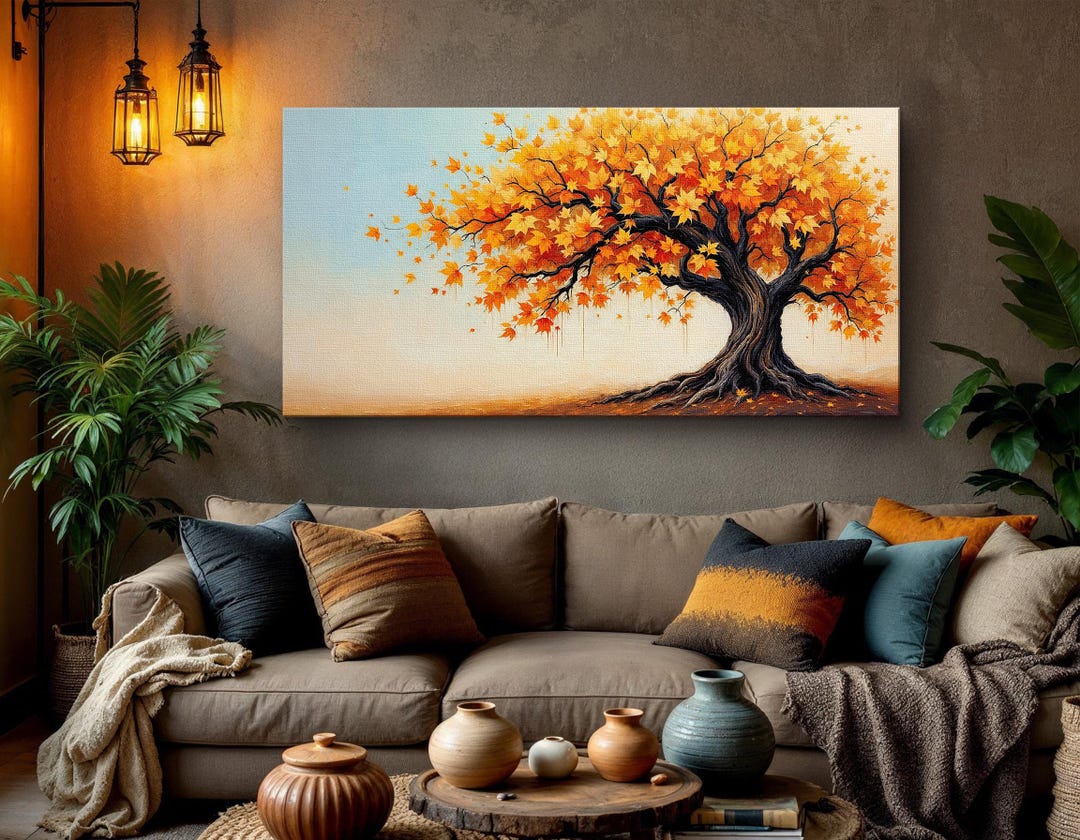 Golden Autumn Tree Canvas Print, Fall Season Landscape Wall Art ...