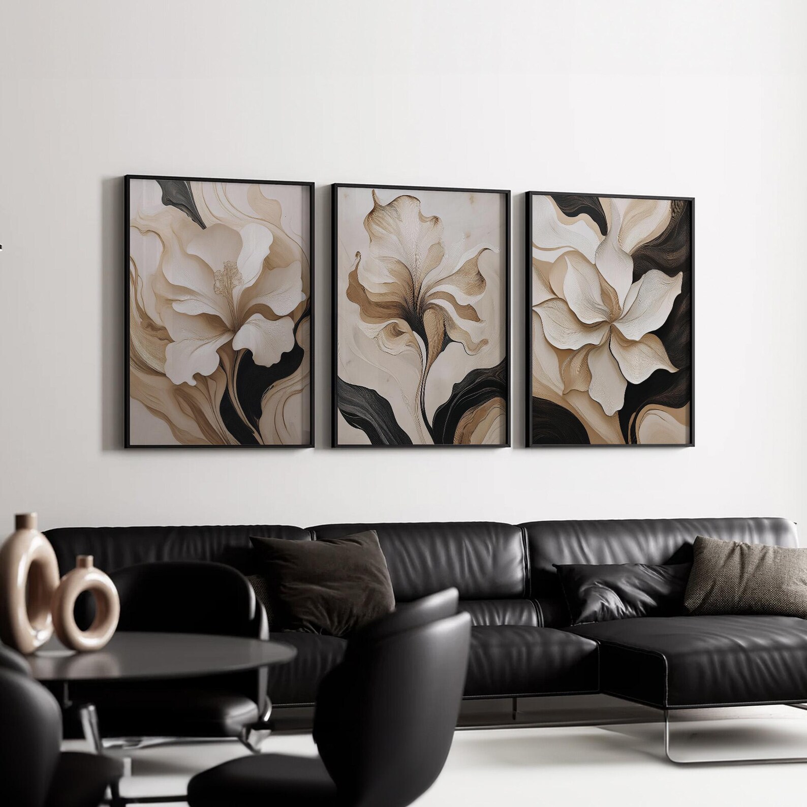 Elegant Black Beige Abstract Flower Art Set - Modern Minimalist ...