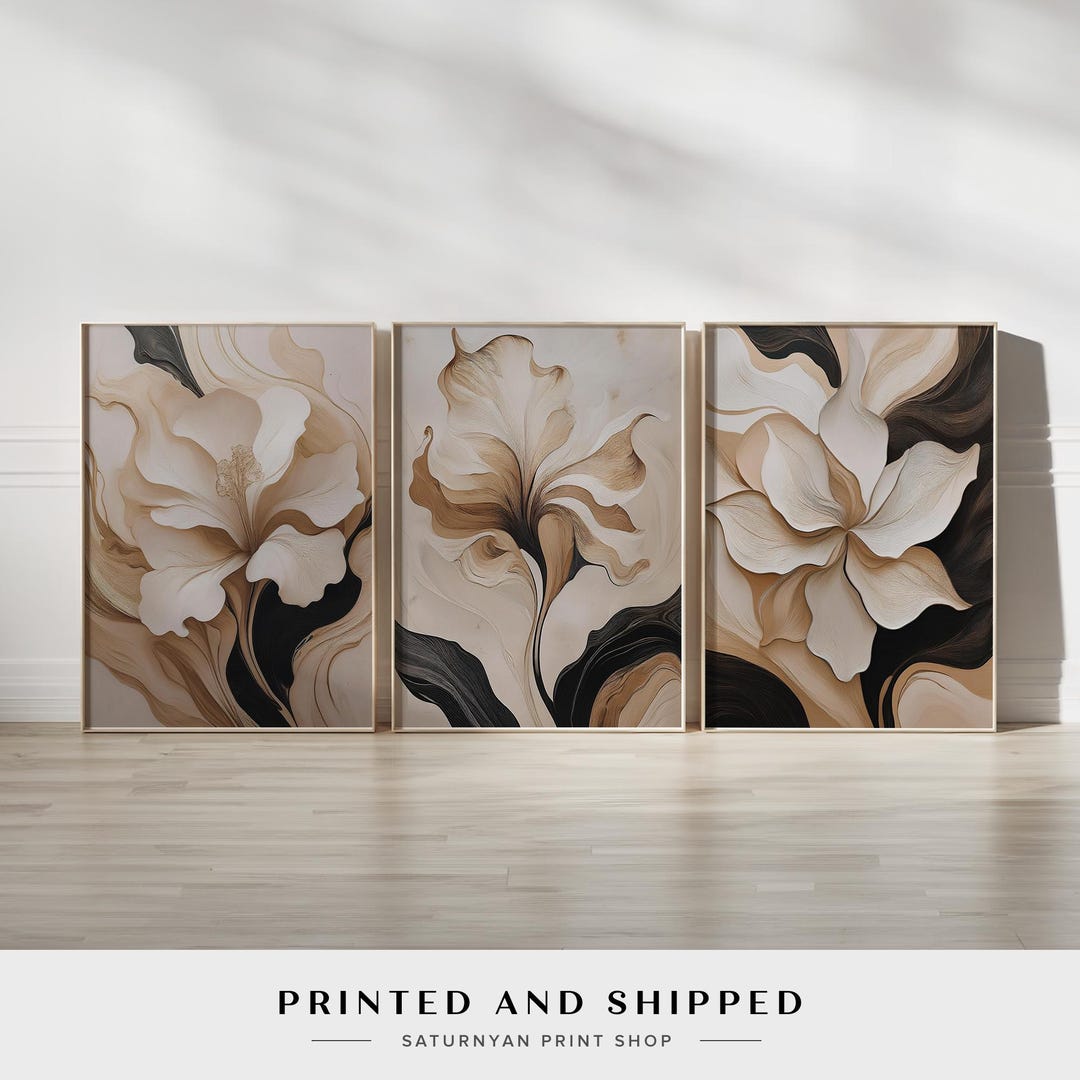 Elegant Black Beige Abstract Flower Art Set - Modern Minimalist ...