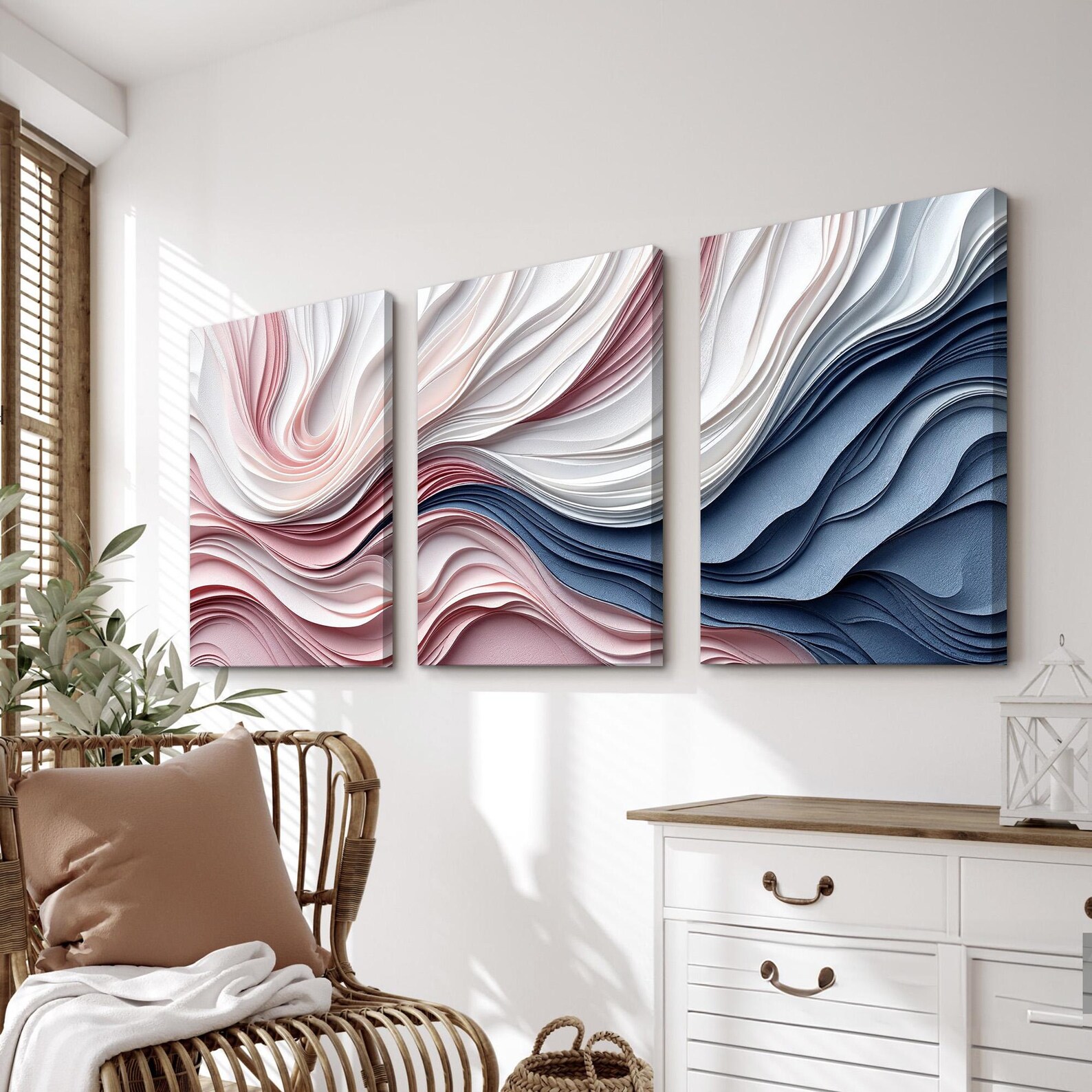 Soft Modern Flow Abstract Wall Art | Set of 3 Pink Blue Neutral Canvas ...