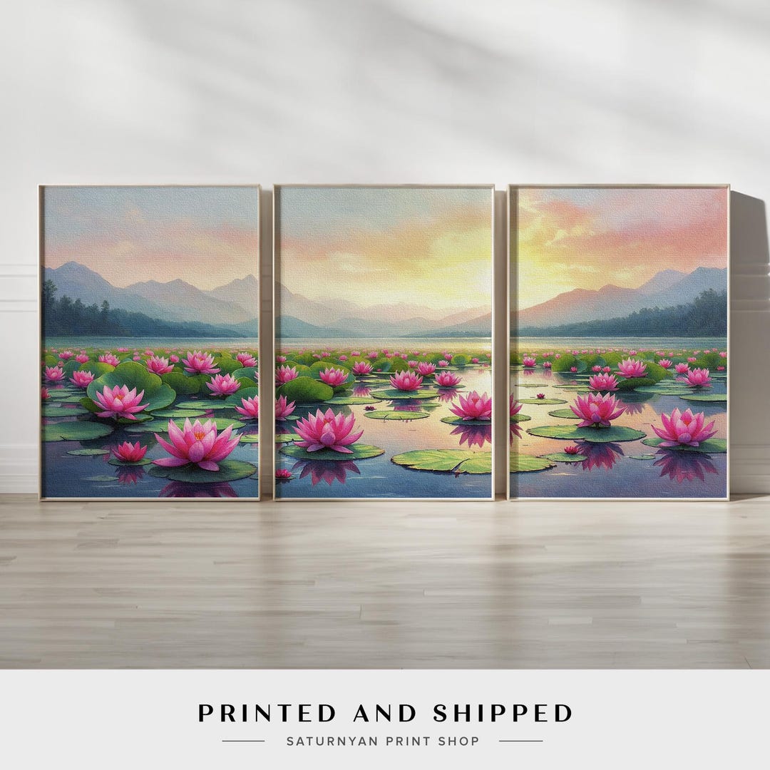 Peaceful Water Lily Triptych Wall Art | Serene Lotus Pond With Sunset ...