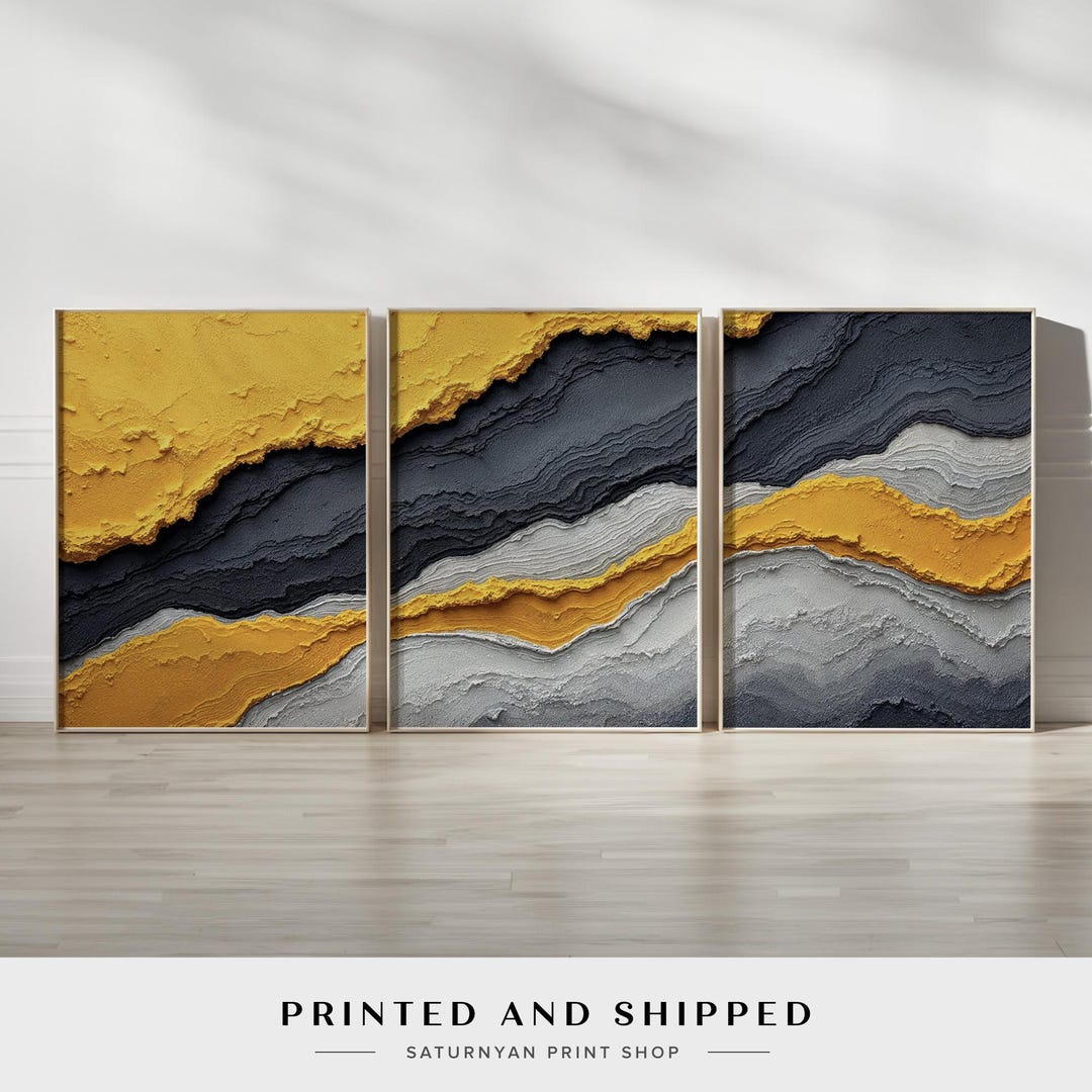 Abstract Layered Wall Art - Set of 3 Yellow, Black, and Gray Modern ...