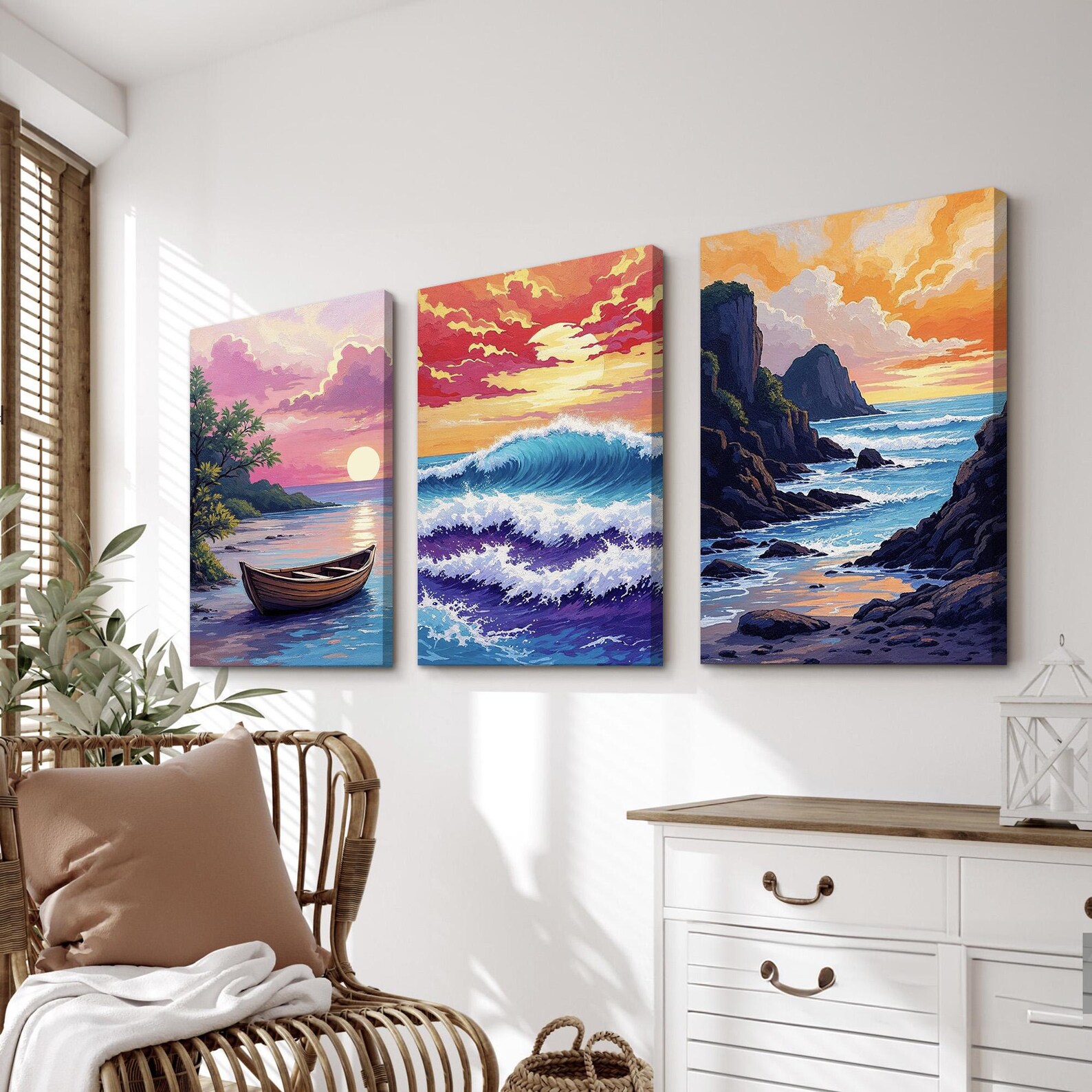 Sunset Ocean Canvas Triptych | Crashing Waves, Tranquil Boat, and ...
