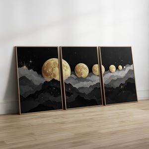 Modern Moon Phase Wall Art - Set of 3 Celestial Featuring Black-gold ...