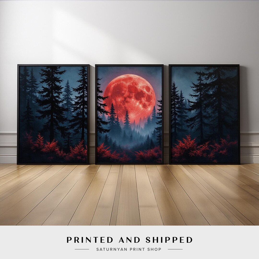 Red Moon Forest Wall Art Set of 3 | Dark Night Landscape Canvas Prints ...