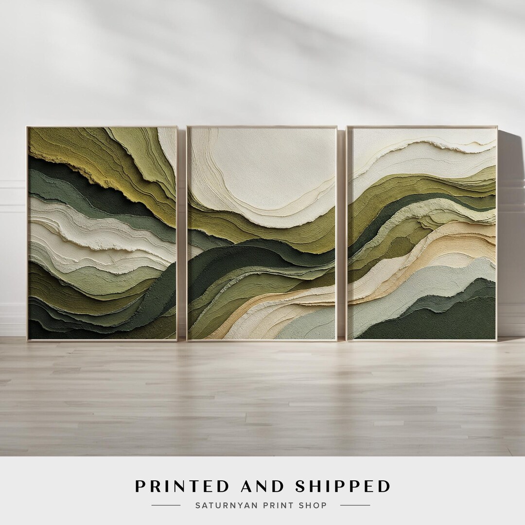 Earthy Abstract Wall Art - Modern Wall Decor With Layered Green, Beige ...