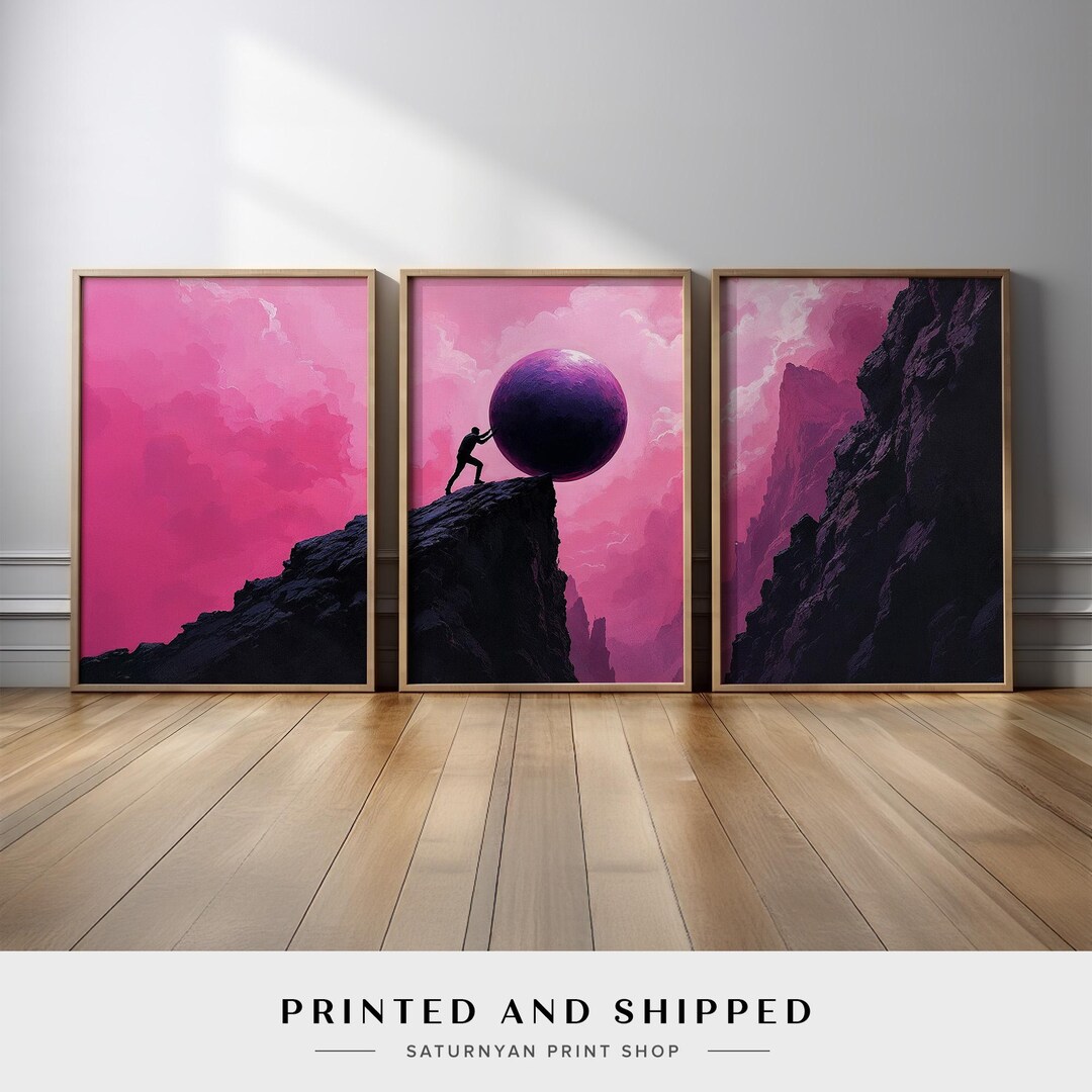 Surreal Sisyphus-inspired Wall Art Set | Pink and Purple Abstract ...