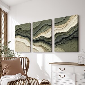 Earthy Abstract Sediment Wall Art | Set of 3 Green and Beige Canvas ...