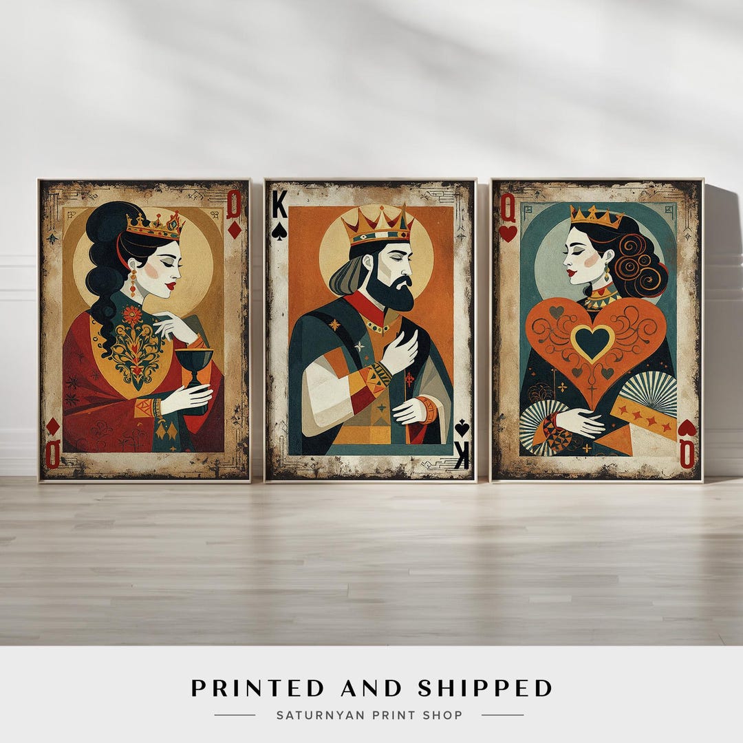 Vintage Playing Card Wall Art – Set of 3 King and Queens Set With Retro ...