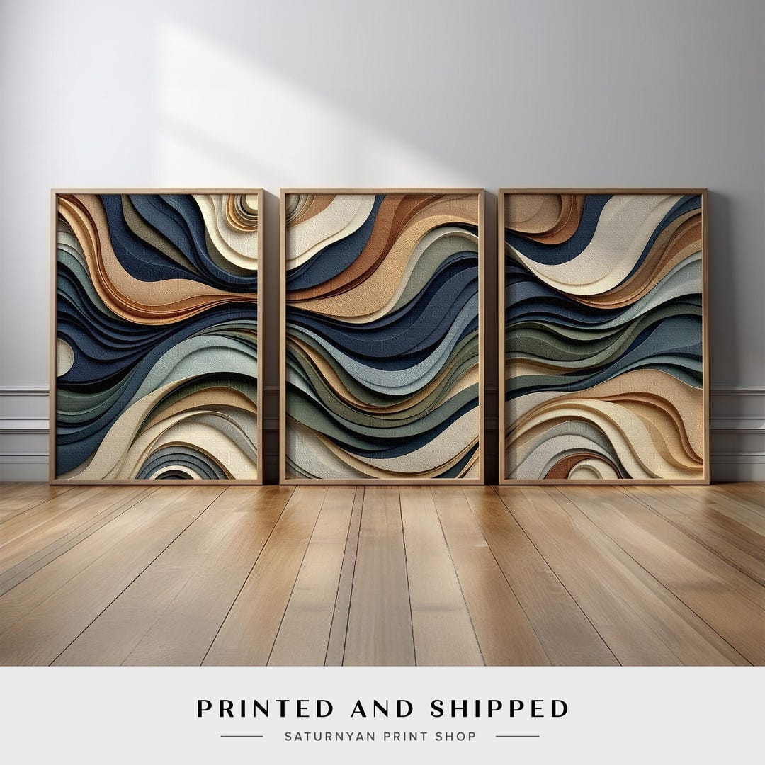 Abstract Wave Triptych Wall Art Set of 3 | Neutral Flowing Canvas ...