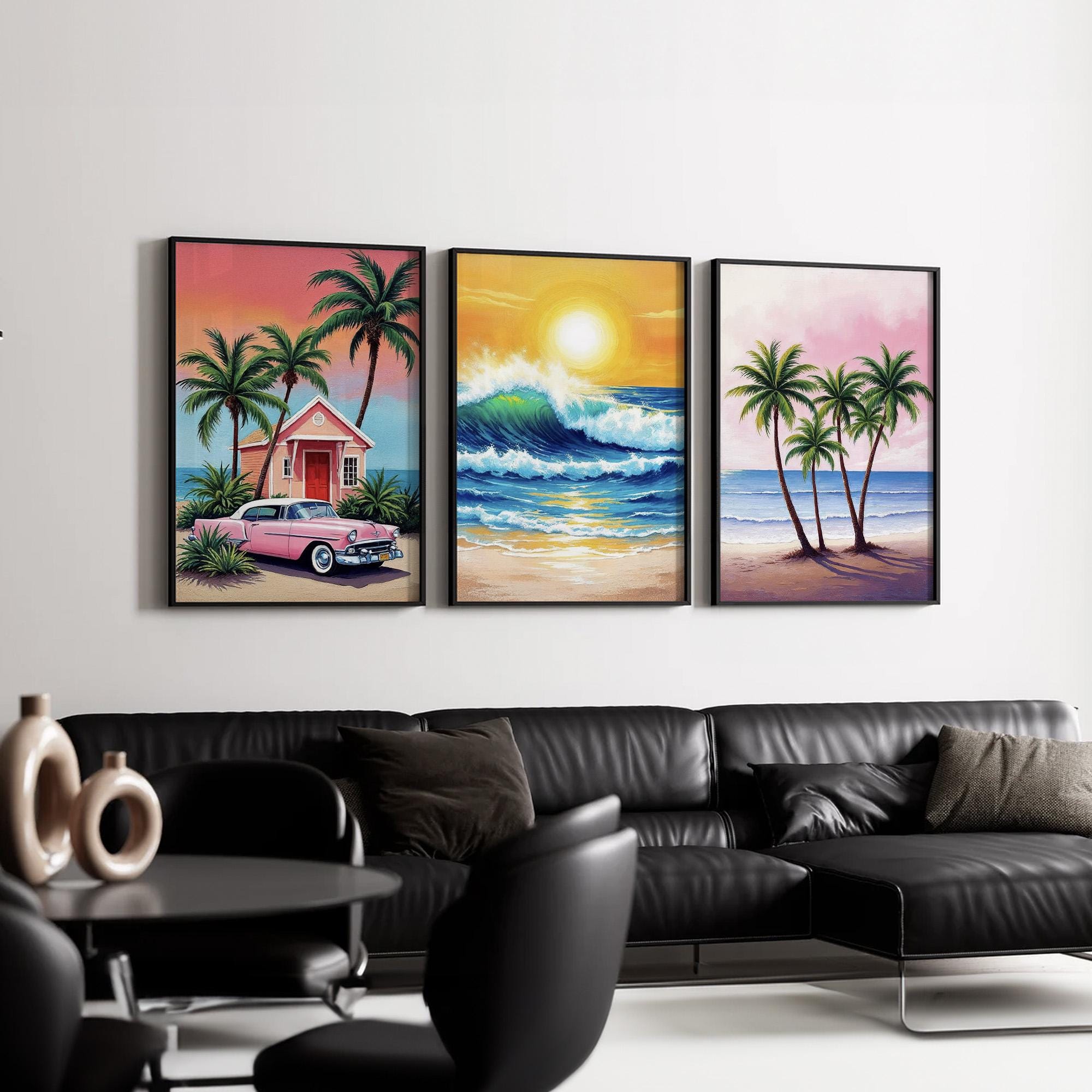 Retro Beach Wall Art Triptych | Tropical Palm Tree Sunset Canvas ...