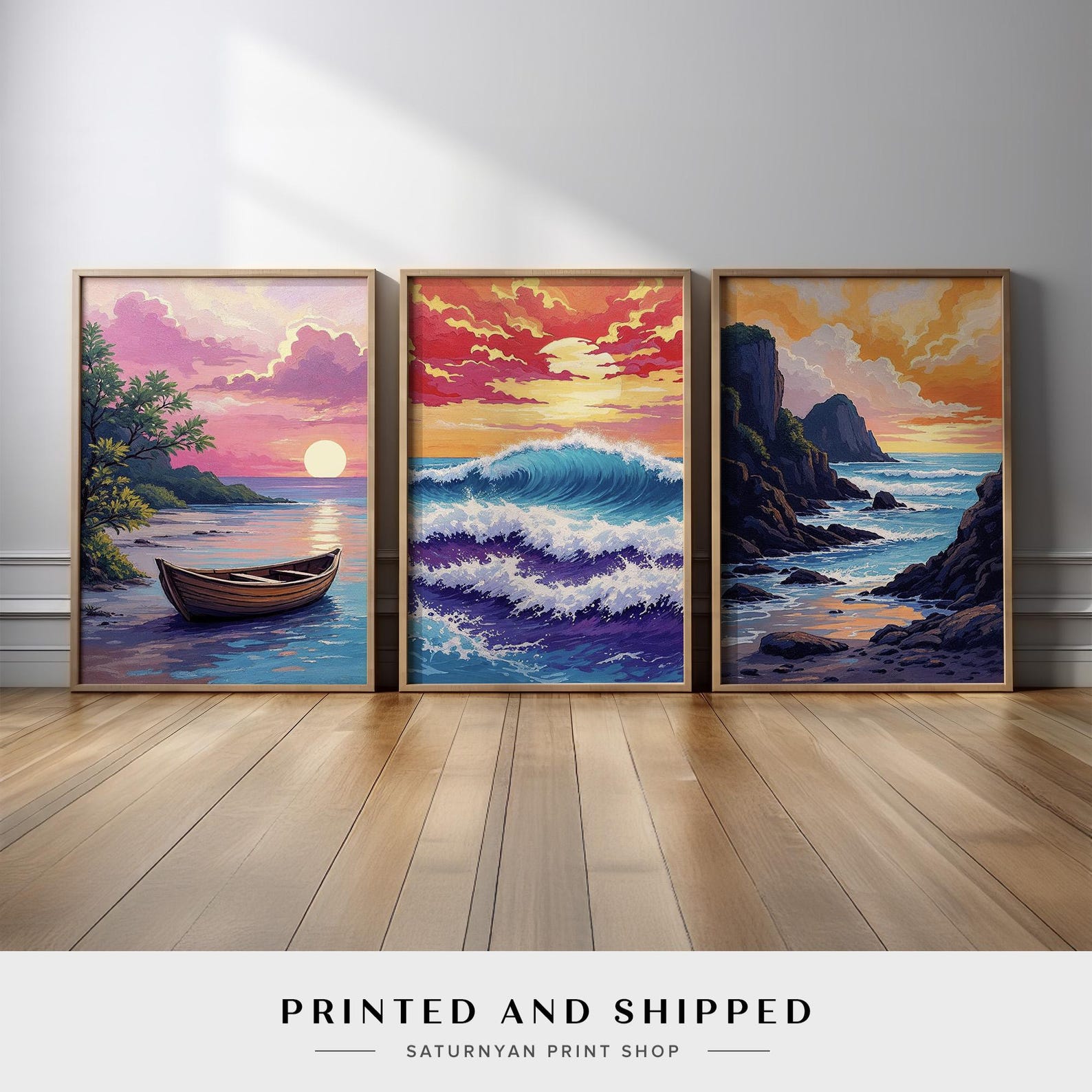 Sunset Ocean Canvas Triptych | Crashing Waves, Tranquil Boat, and ...