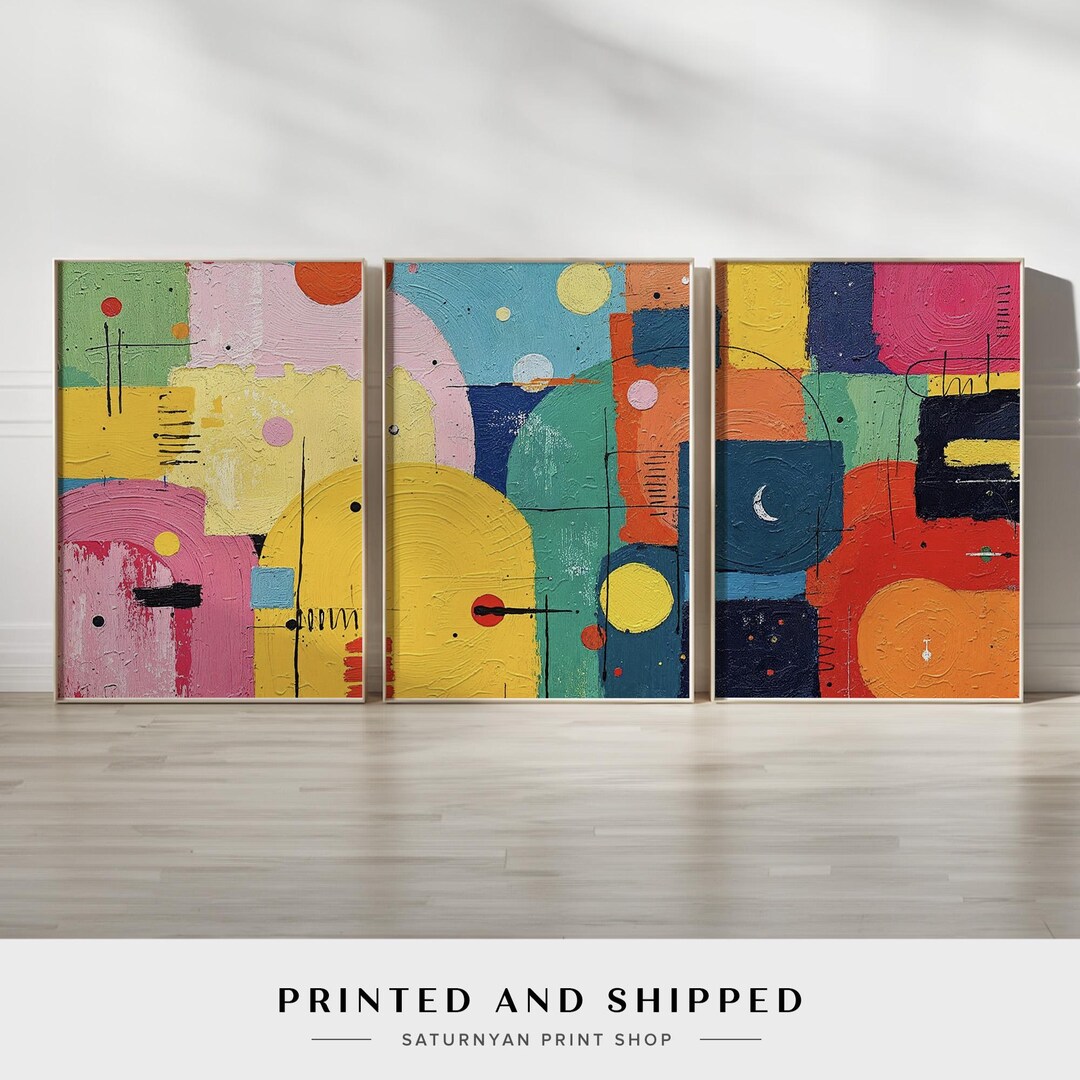 Vibrant Abstract Wall Art Set of 3 - Colorful Geometric Pattern Prints ...