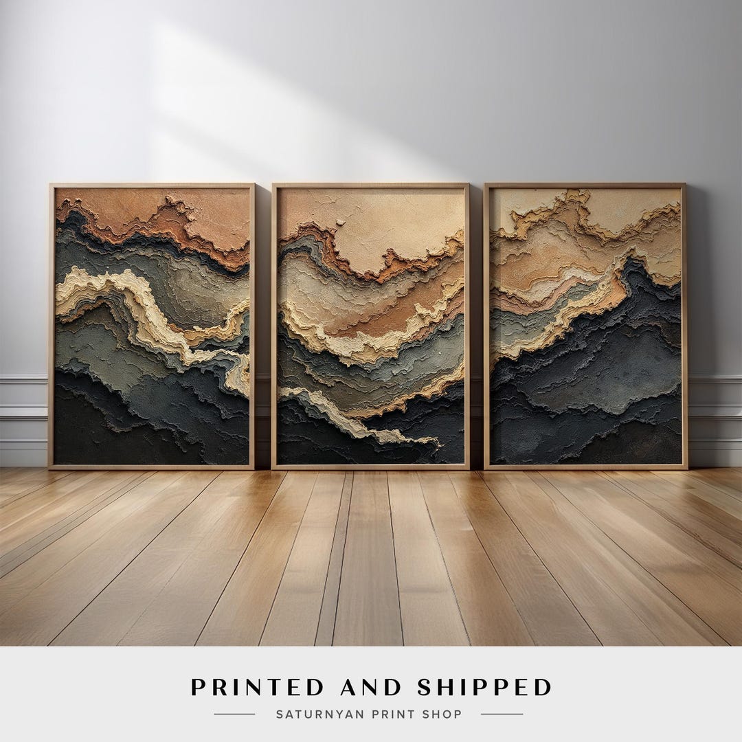Rustic Rock Strata Abstract Painting | Earthy Charcoal, Sand & Beige ...